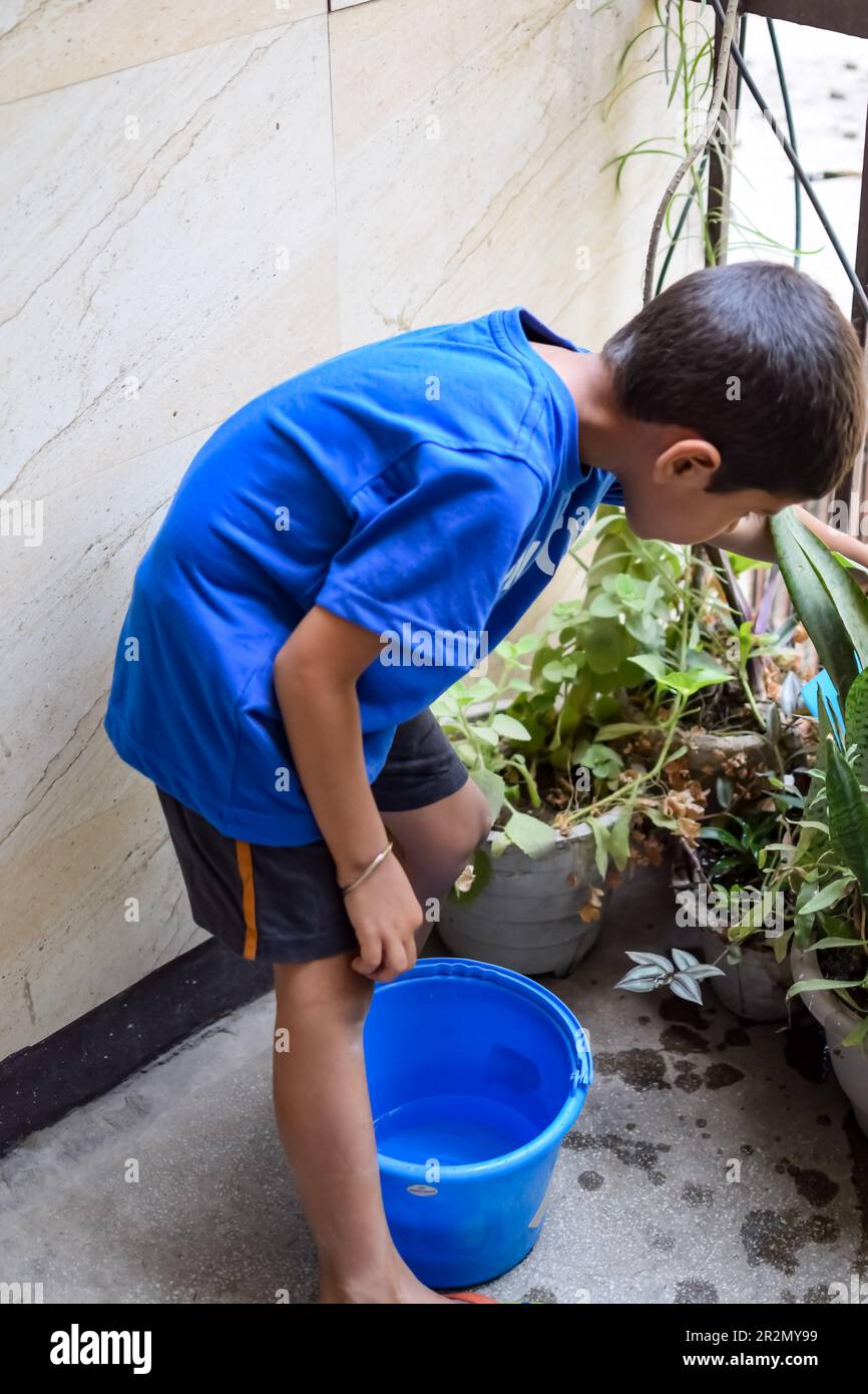 Cute 5 year’s old Asian little boy is watering the plant in the pots ...