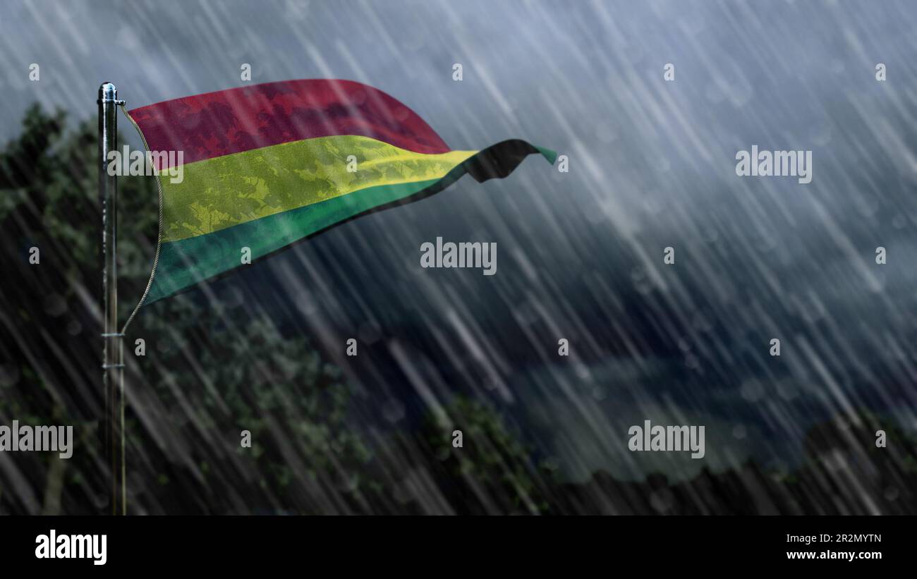 flag of Bolivia with rain and dark clouds, squall wind forecast symbol ...