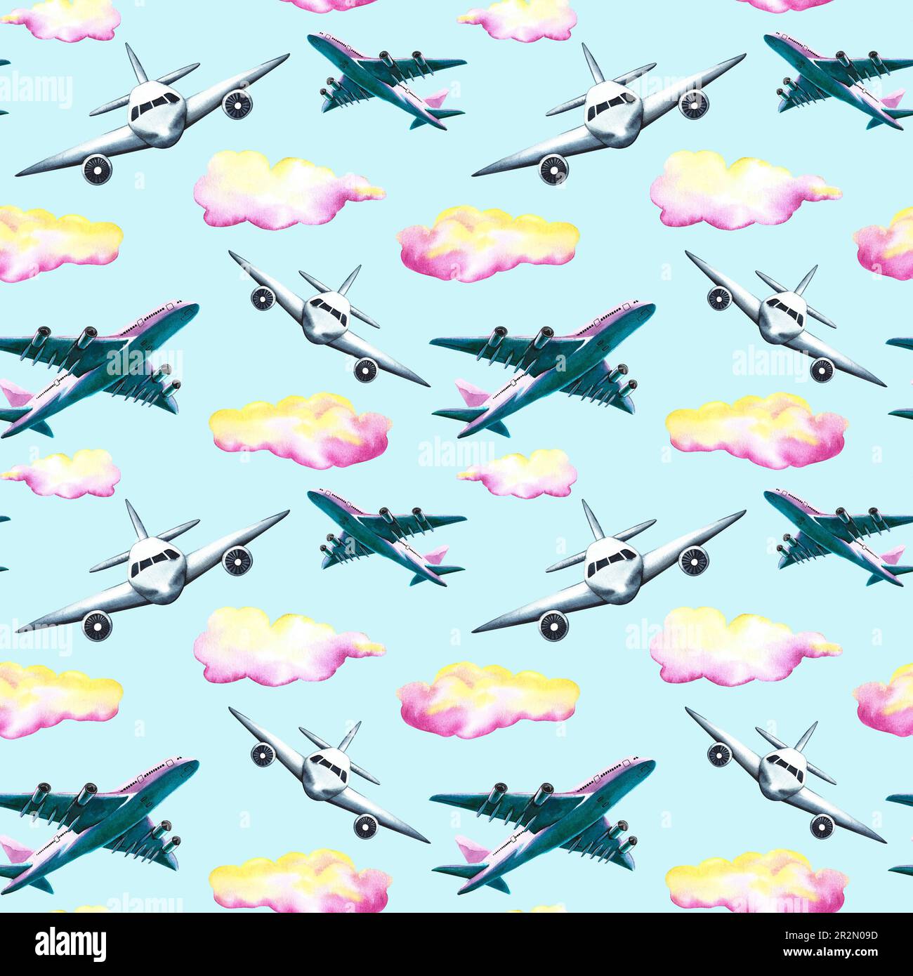 Seamless pattern with passenger planes and clouds on a blue background ...