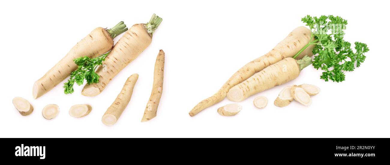Parsley root with slices and leaves isolated on white background. Top ...