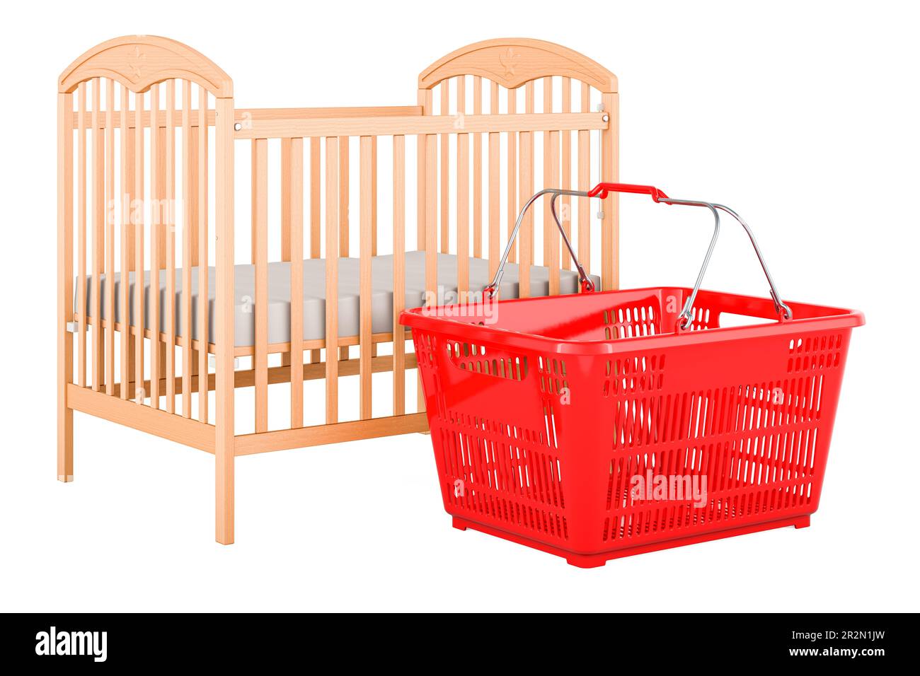 Baby crib, infant bed with shopping basket. 3D rendering isolated on ...