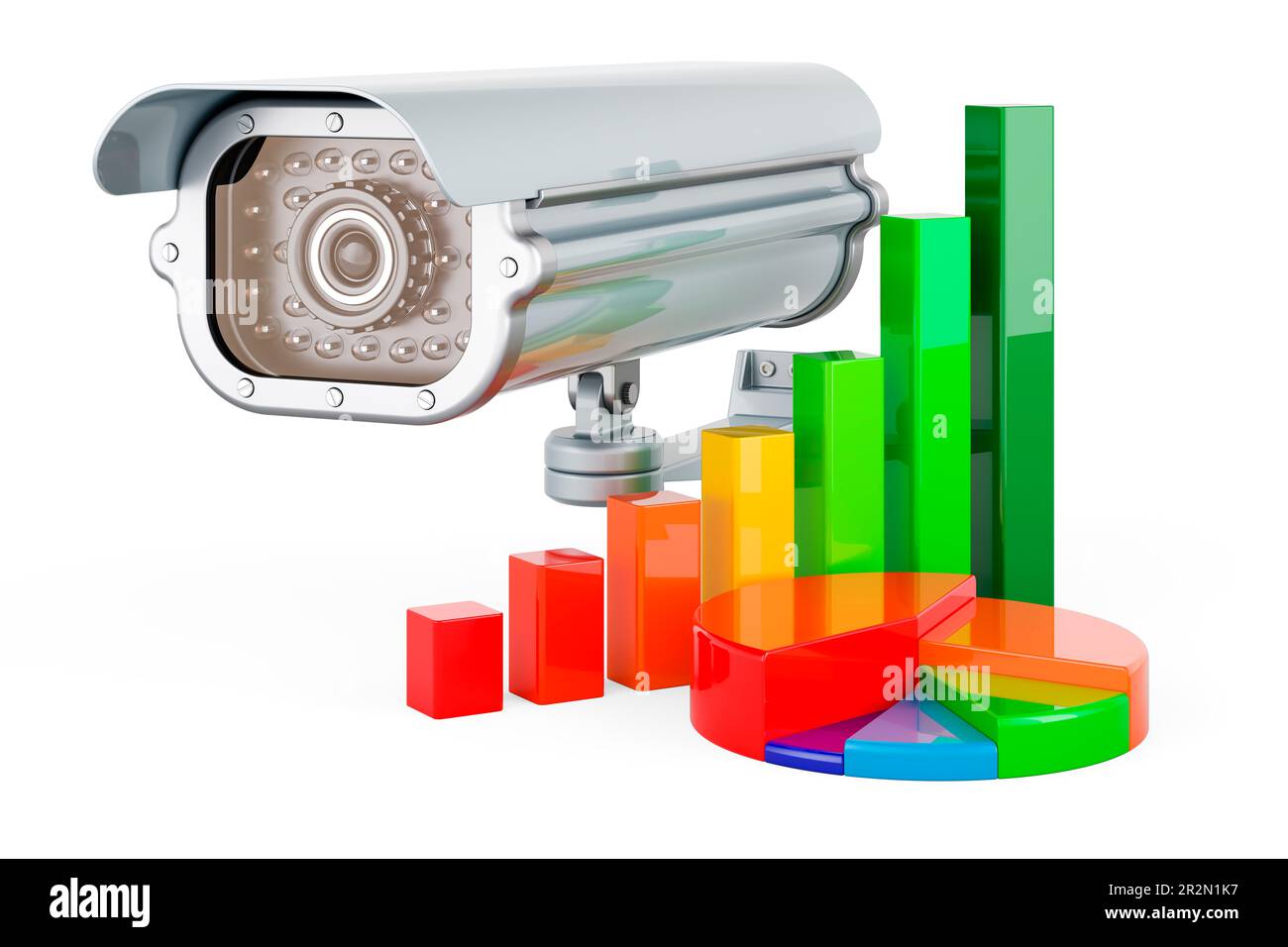 Security surveillance camera with growth bar graph and pie chart, 3D ...