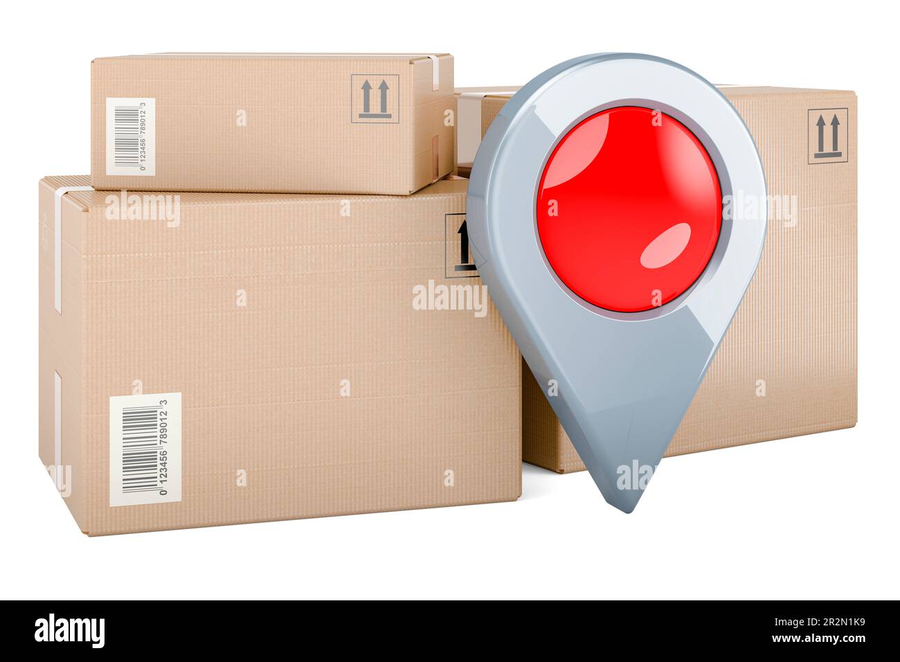 Shipping and logistics concept. Three parcels with map pointer, 3D rendering isolated on white ...