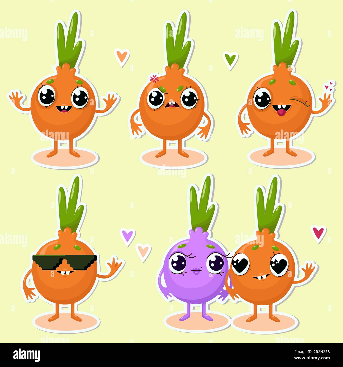 Vector illustration of onion character stickers with various cute ...