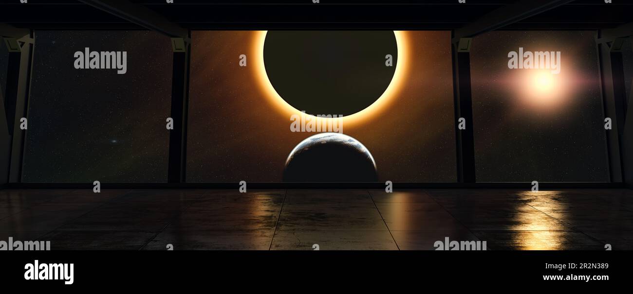 Space Station - view on Star Eclipse and alien Planet out of a Space ...