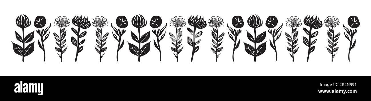 Quirky floral botanic vector border isolated on white background ...