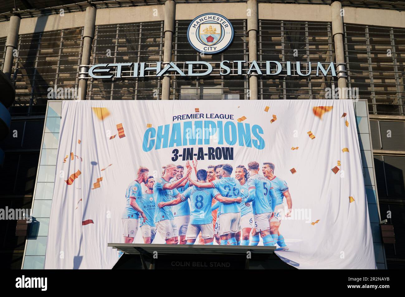 A Manchester City Champions banner is unveiled outside of the Etihad ...