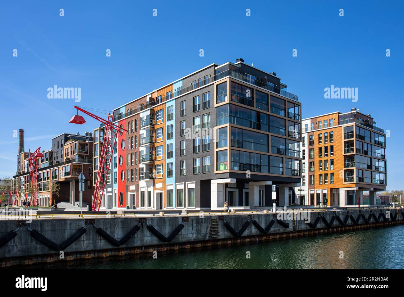 Modern architecture. Colorful waterfront buildings in newly built ...