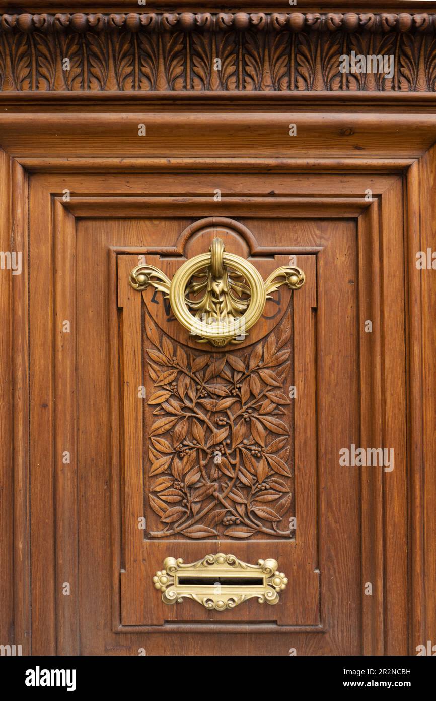 Detail of carved wood door. Barcelona, Spain Stock Photo - Alamy