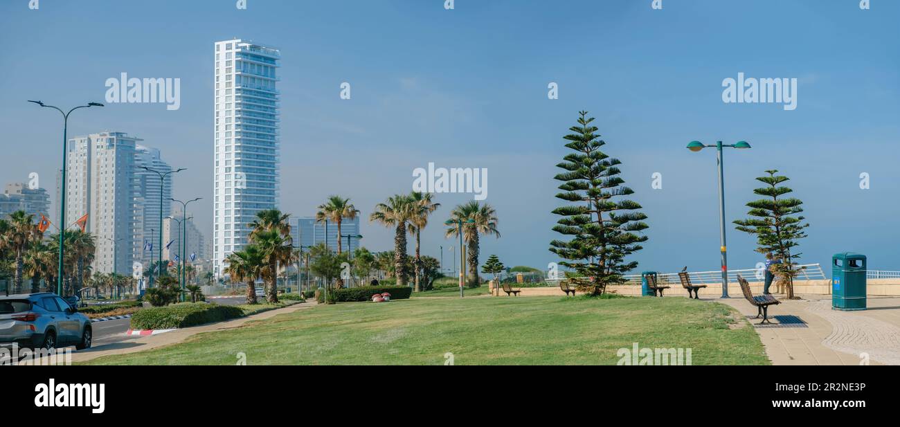 Netanya, Israel - May 16, 2023: Panoramic view of the building of the ...