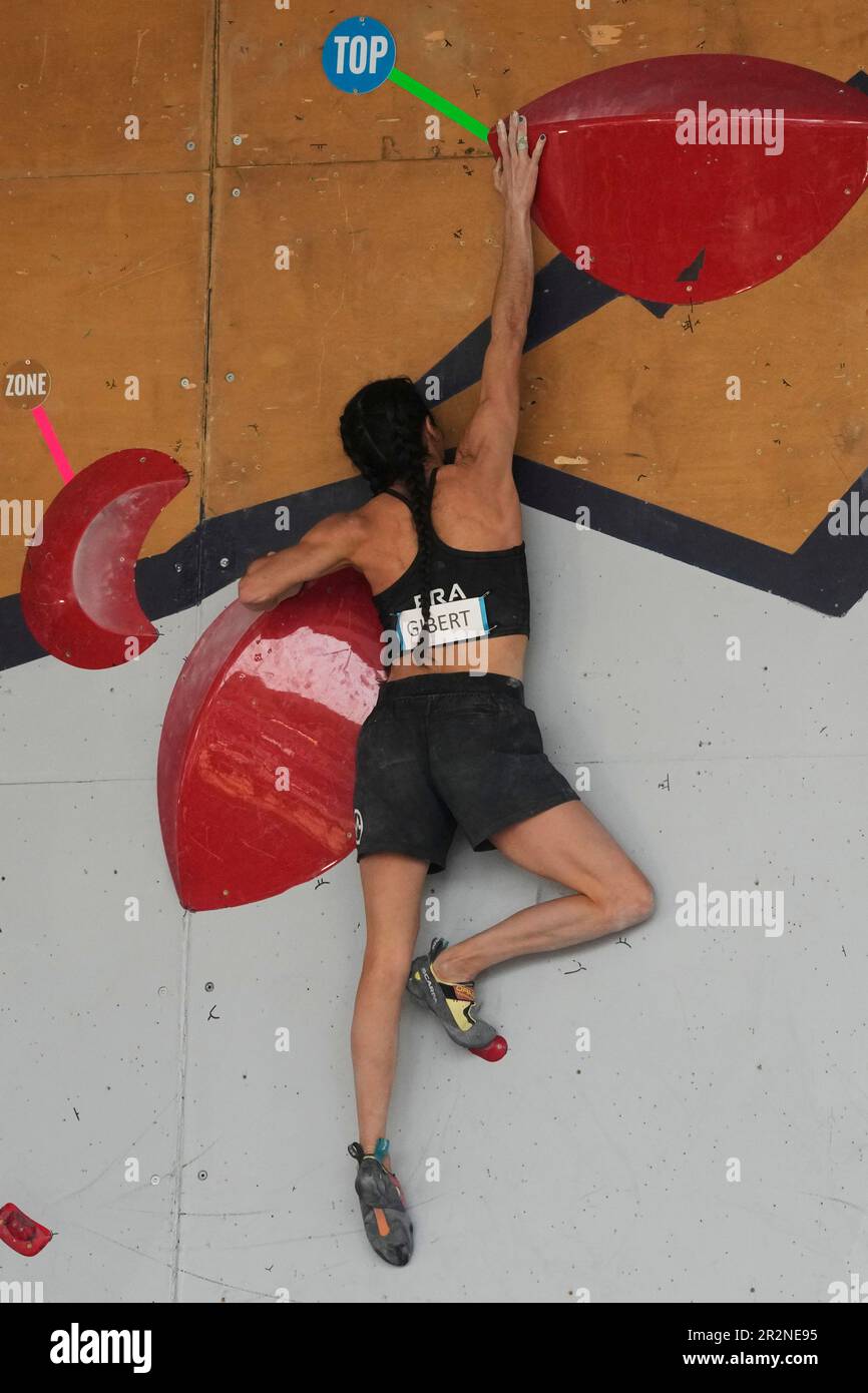 Fanny Gibert, of France, competes during the women's boulder semi ...