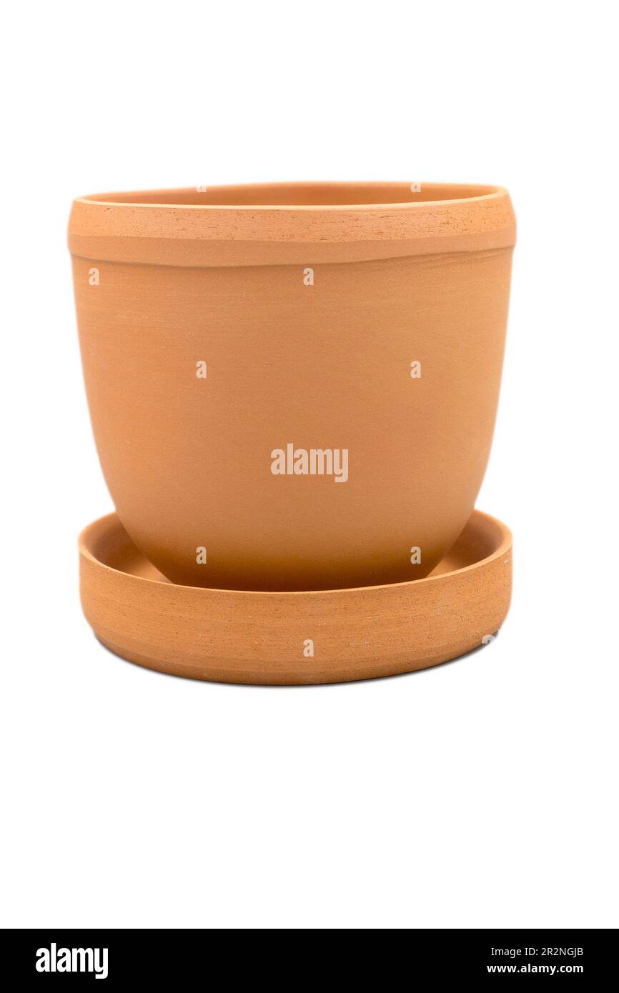 Empty clay flower pot and stand isolated on white background ...