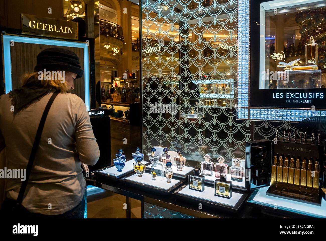 Paris, France, Woman Shopping, French Perfumes on Sale, Display, Guerlain, Shalimar, in Galeries ...