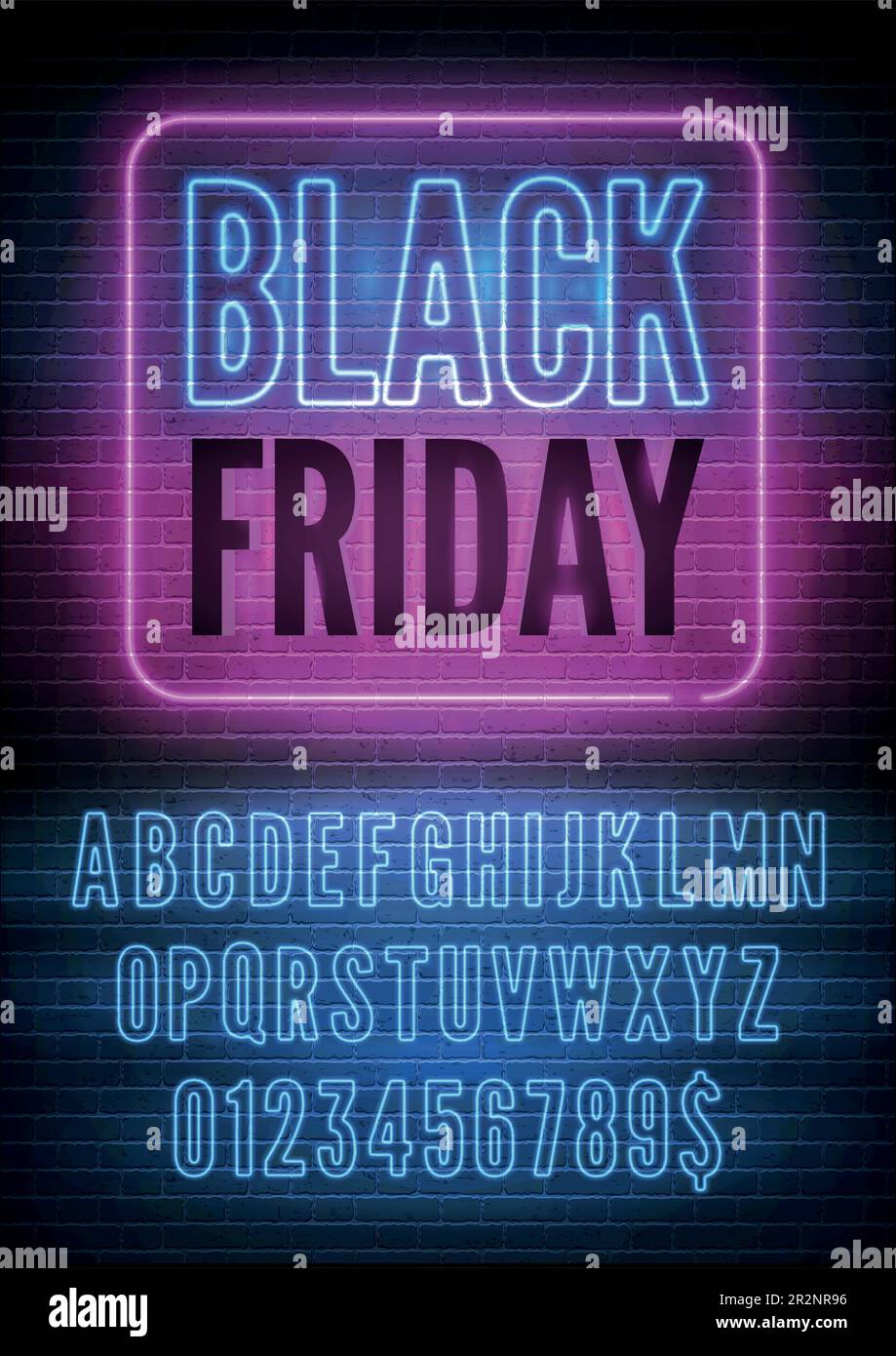 Black Friday sign with blue pink neon alphabet on dark brick wall ...