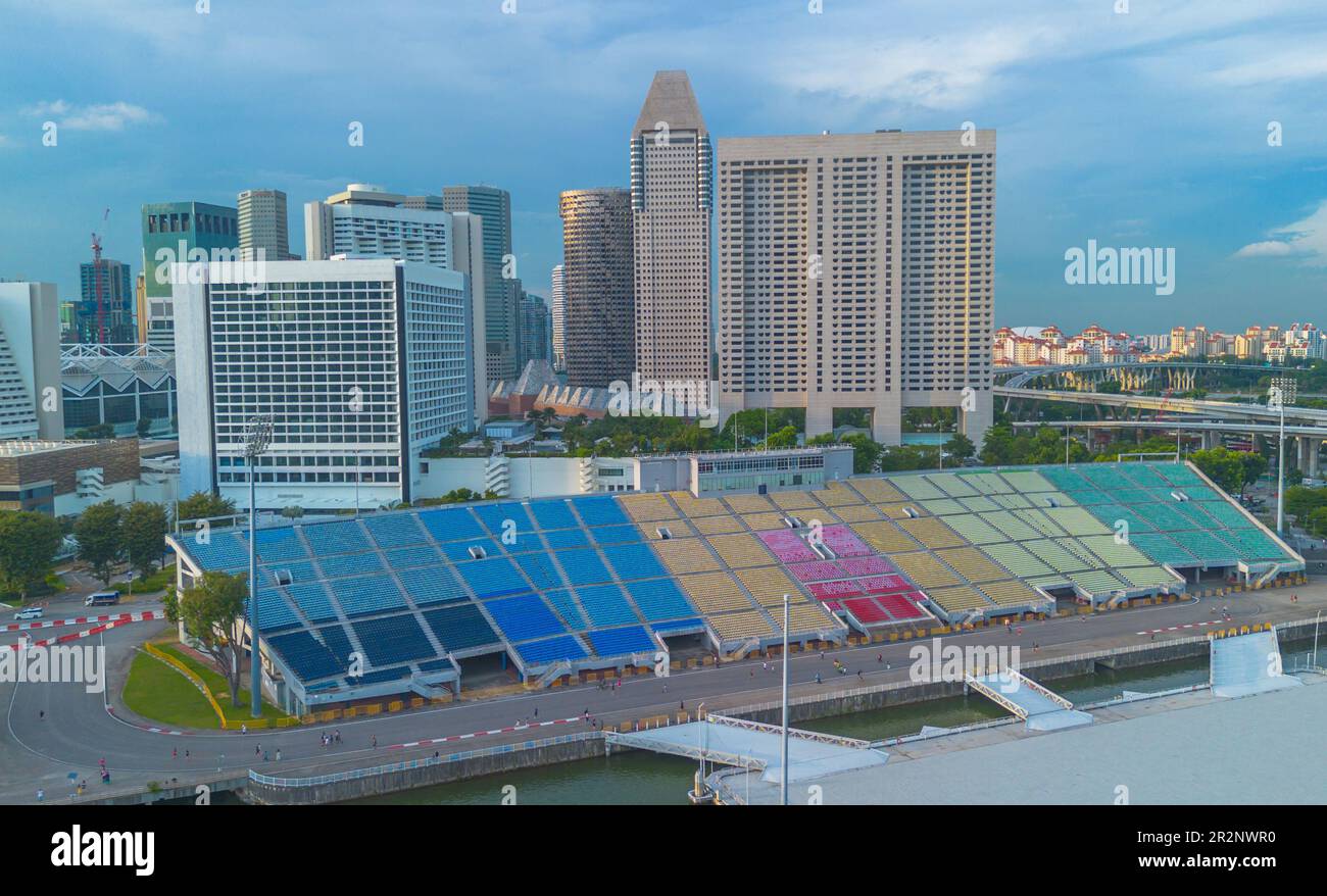 Aerial view of Formula 1 Singapore race track tribunes in the Marina ...