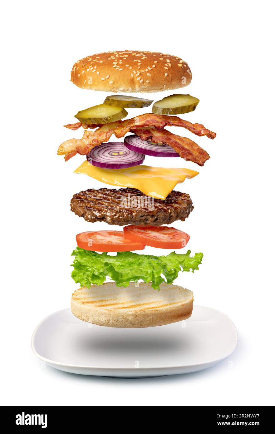 Flying burger isolated on a white background Stock Photo - Alamy