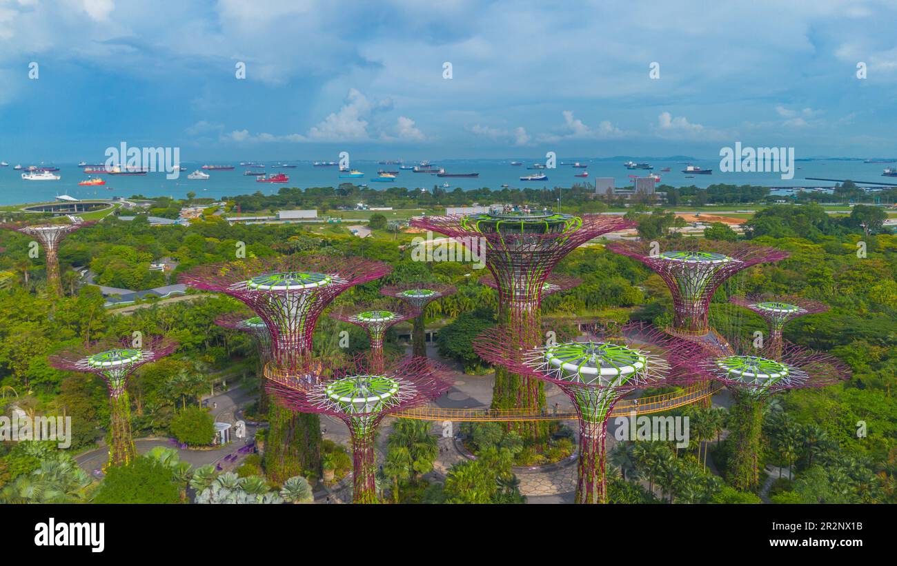 Aerial view of landscape of Gardens by the Bay in Singapore. Botanical ...