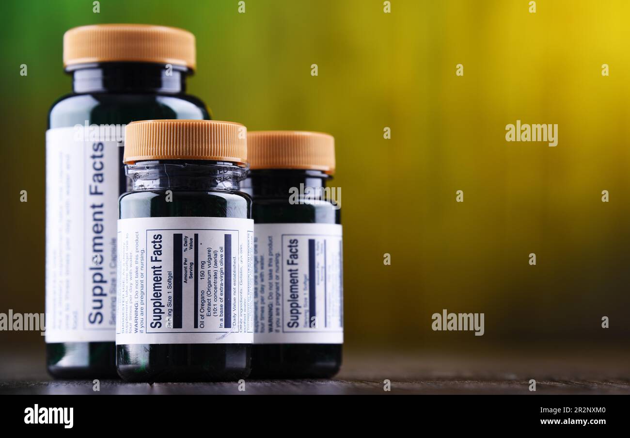 Composition with dietary supplement containers. Drug pills Stock Photo ...