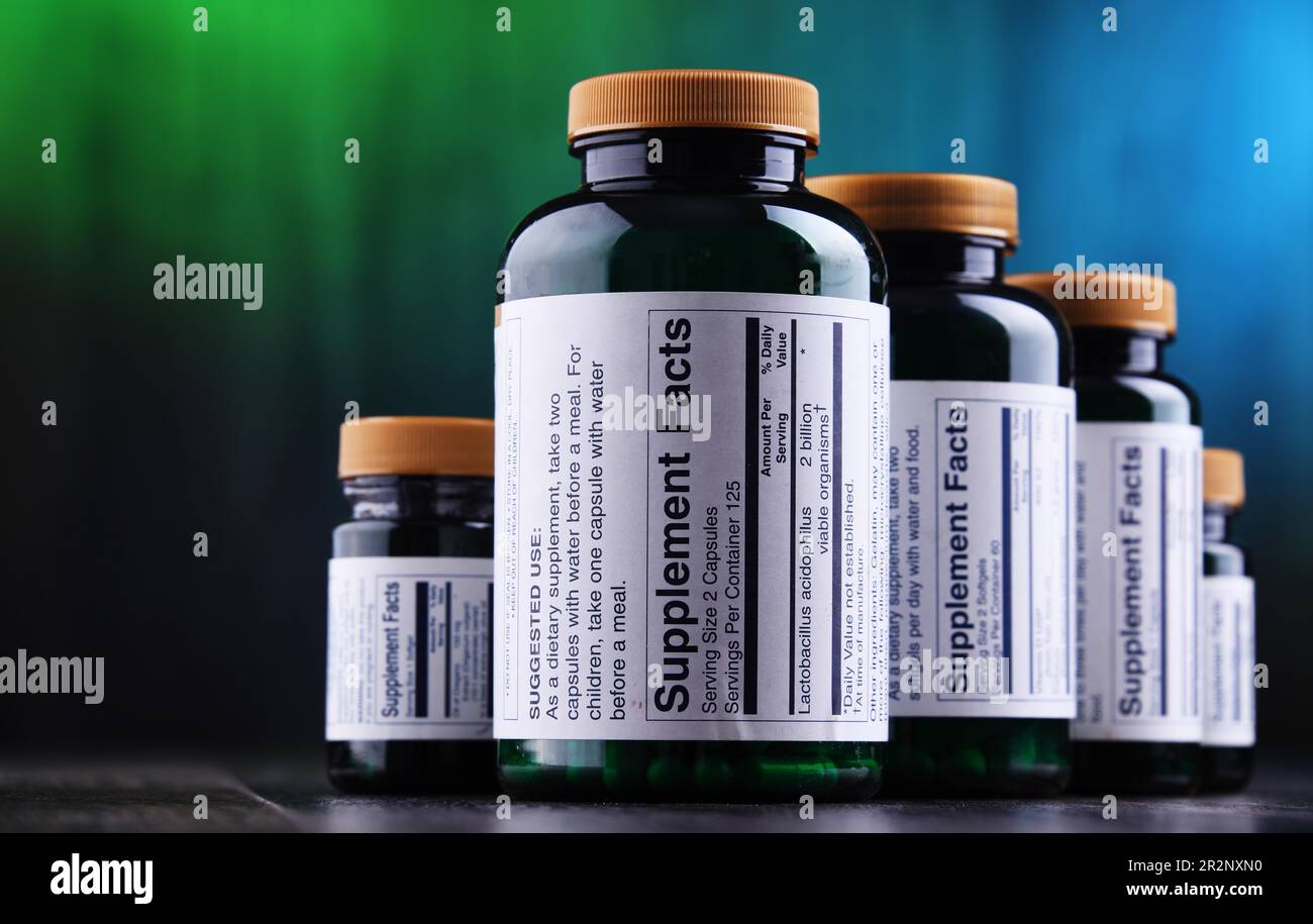 Composition with dietary supplement containers. Drug pills Stock Photo ...