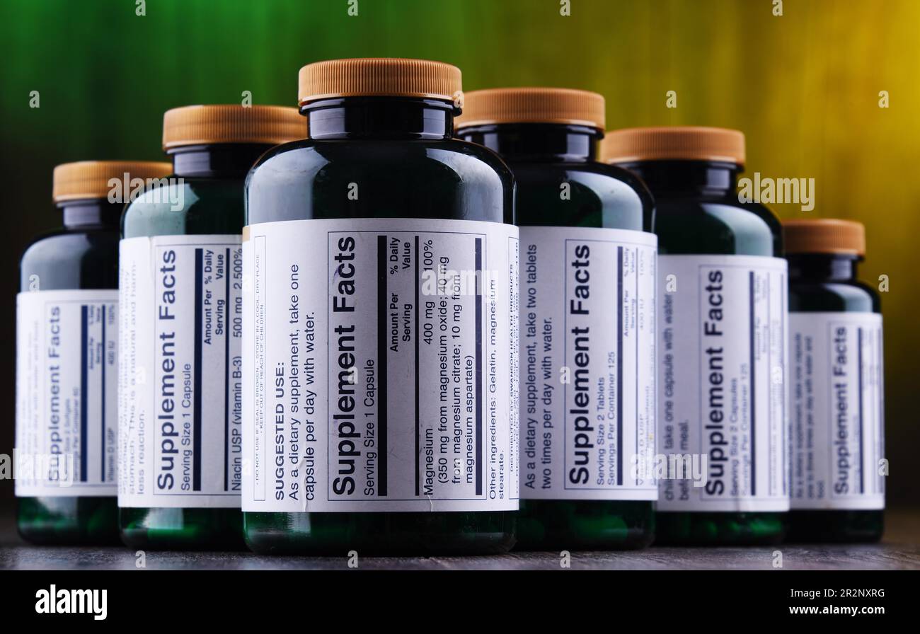 Composition with dietary supplement containers. Drug pills Stock Photo ...