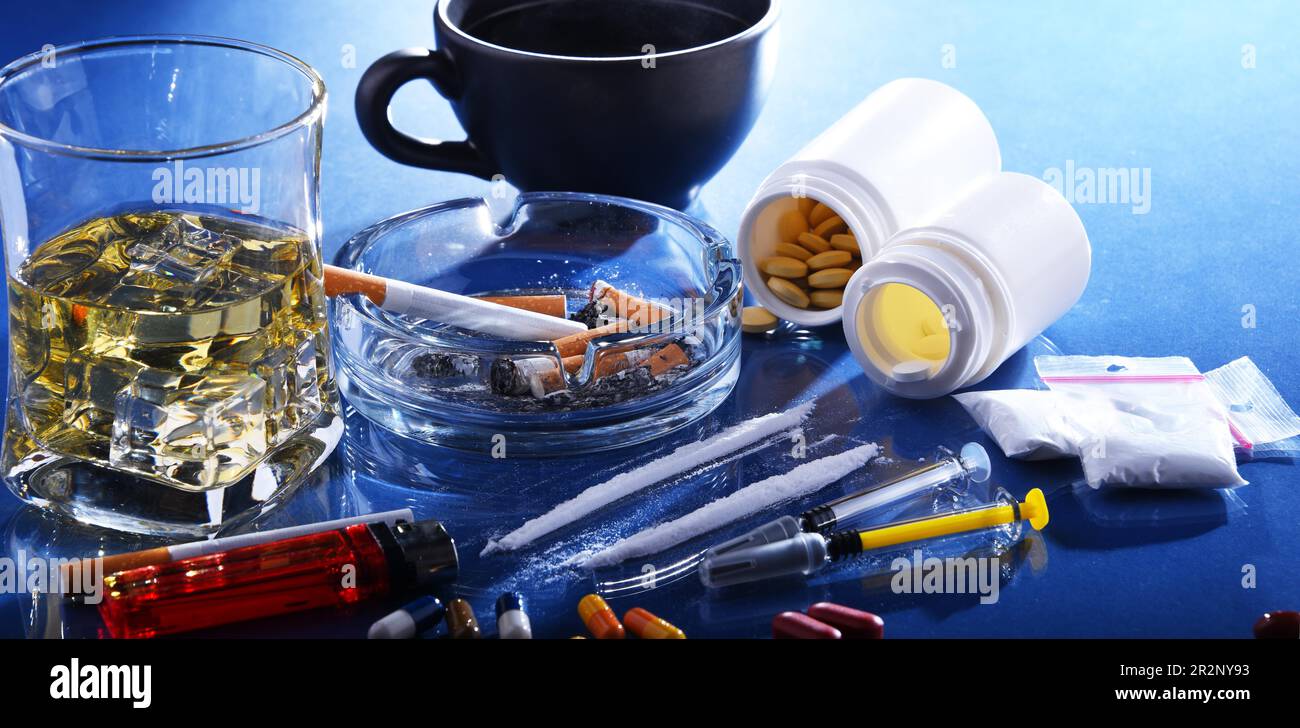 Addictive substances, including alcohol, cigarettes and drugs Stock ...