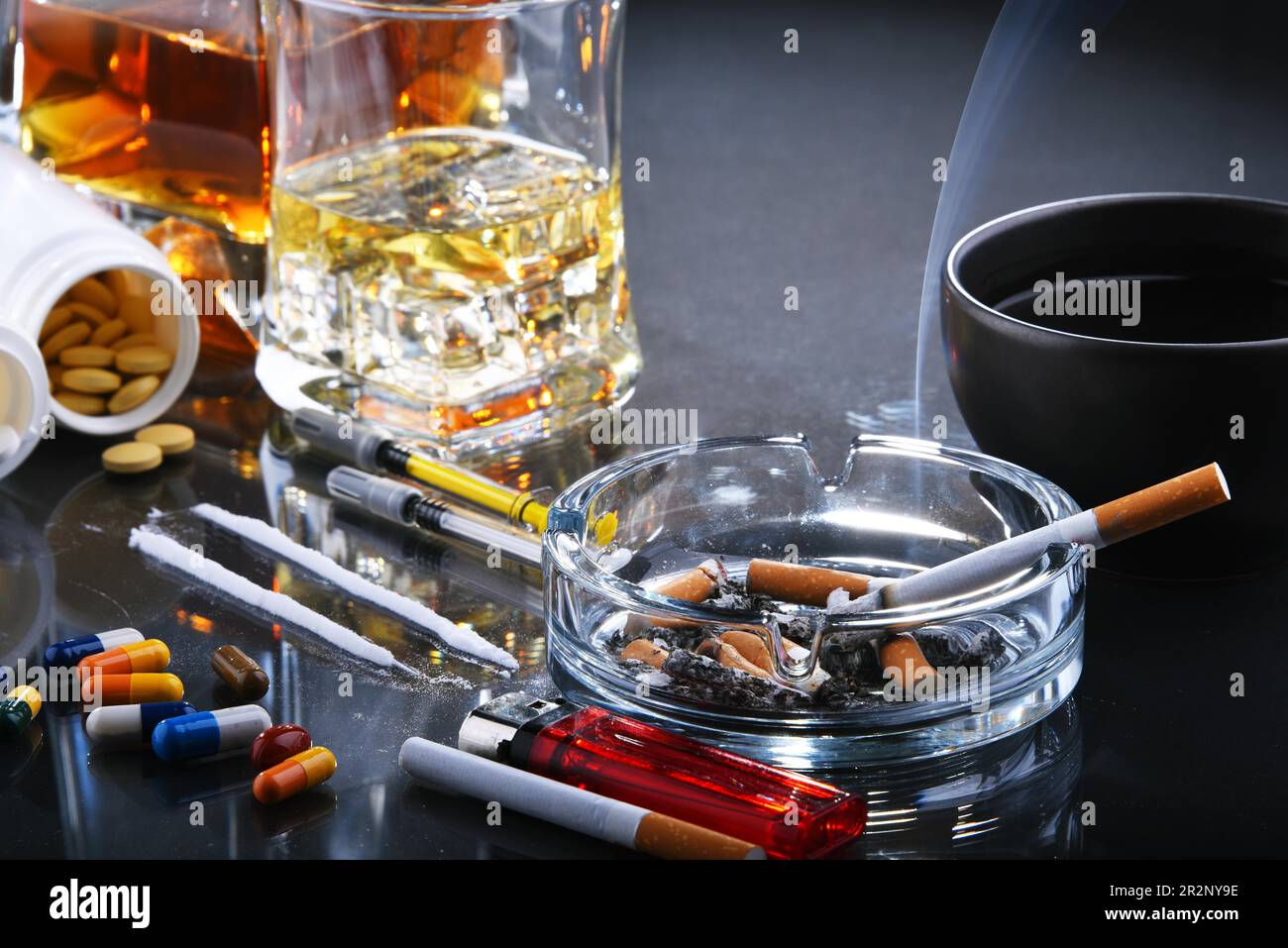 Addictive substances, including alcohol, cigarettes and drugs Stock ...
