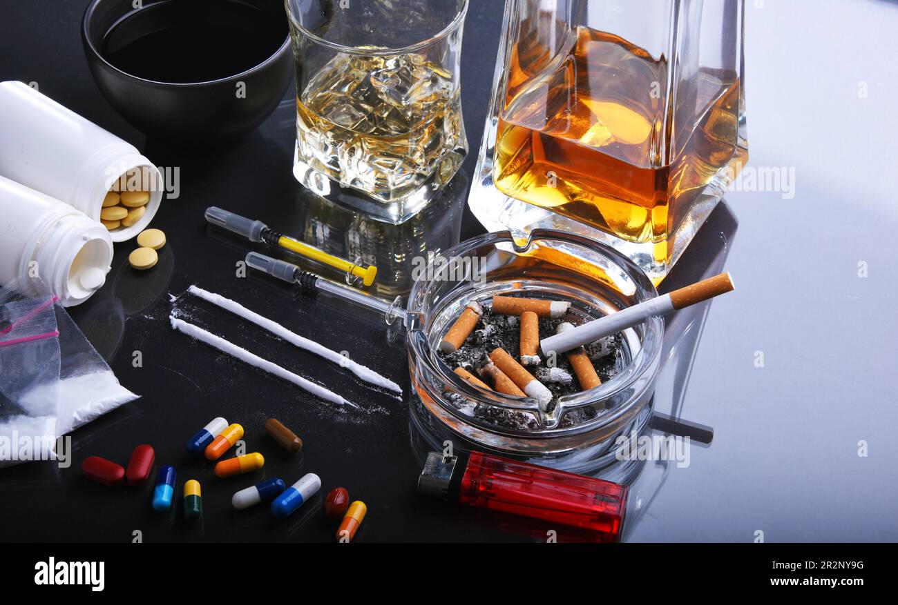 Addictive substances, including alcohol, cigarettes and drugs Stock ...