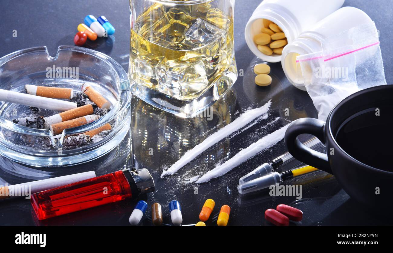 Addictive substances, including alcohol, cigarettes and drugs Stock ...