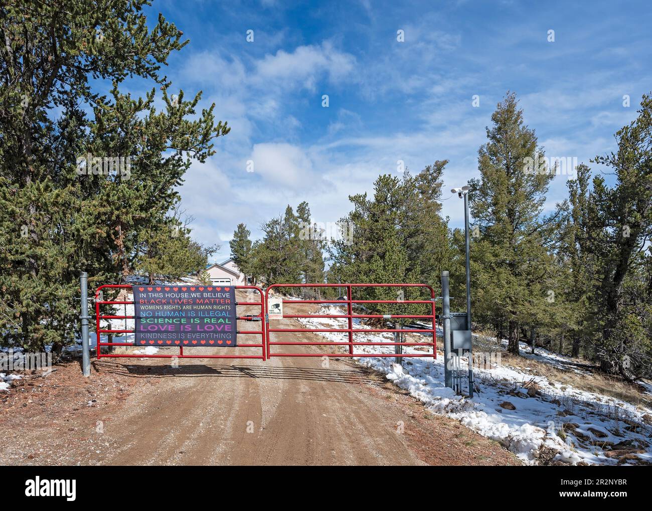 Hartsel, Colorado, USA – May 12, 2023: Entrance gate with social ...