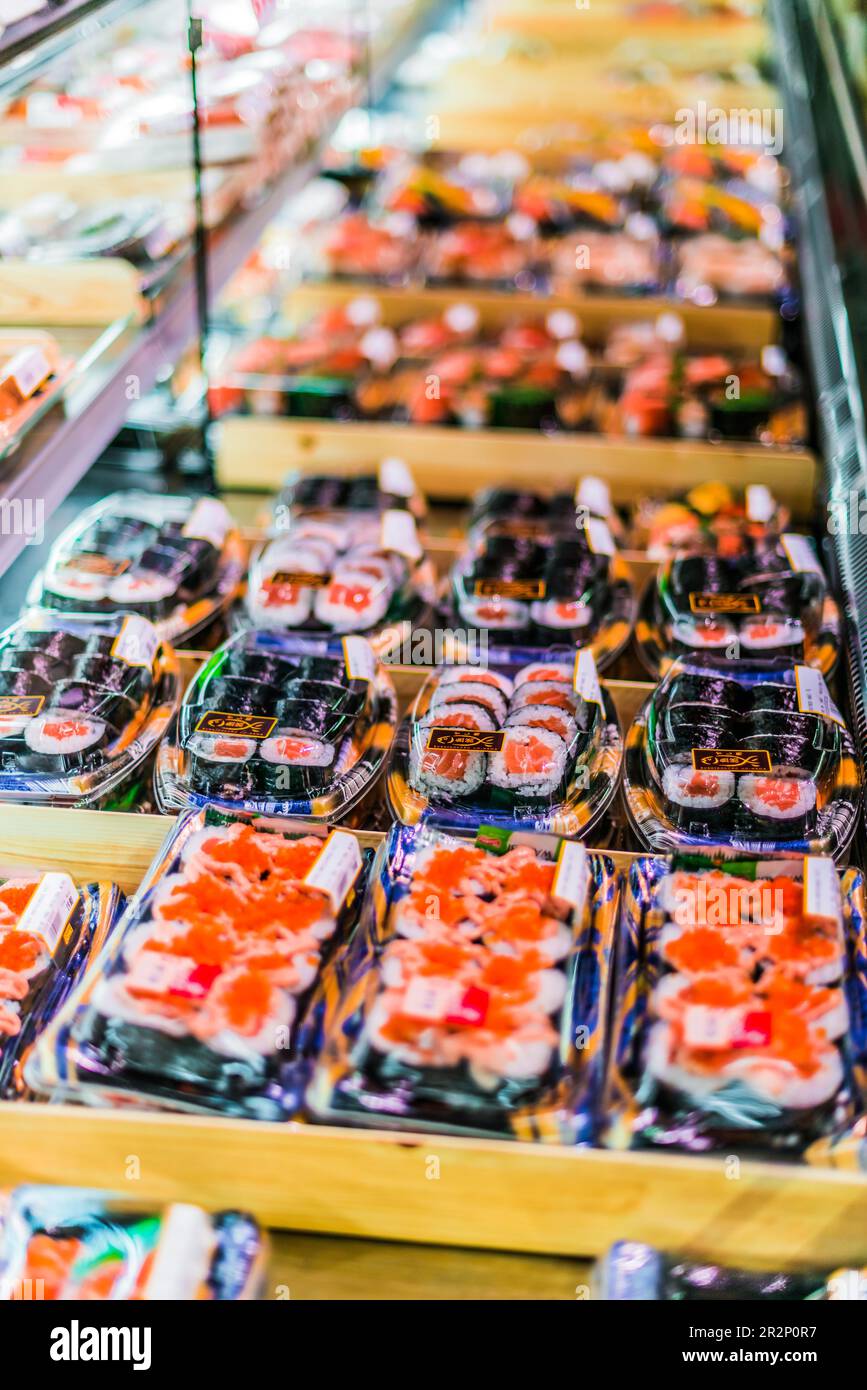SINGAPORE - MAR 3, 2020: Prepackaged ready-to-eat sushi put up for sale ...