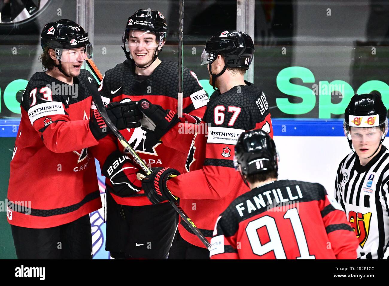 Riga, Latvia. 20th May, 2023. Players of Canada celebrate a goal during ...