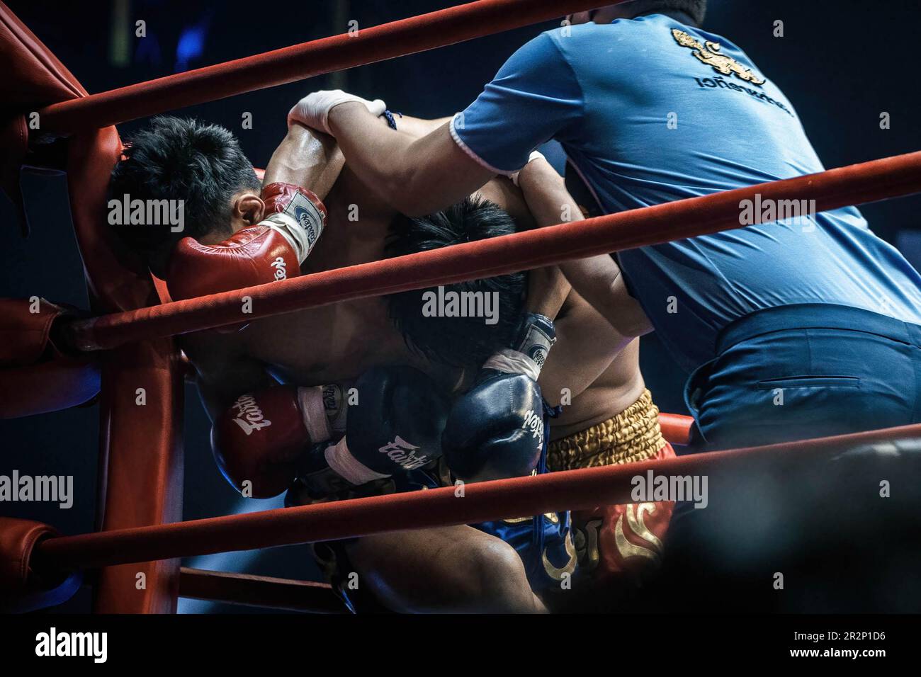 A referee tries to separate Muay Thai boxers during a fight, at ...