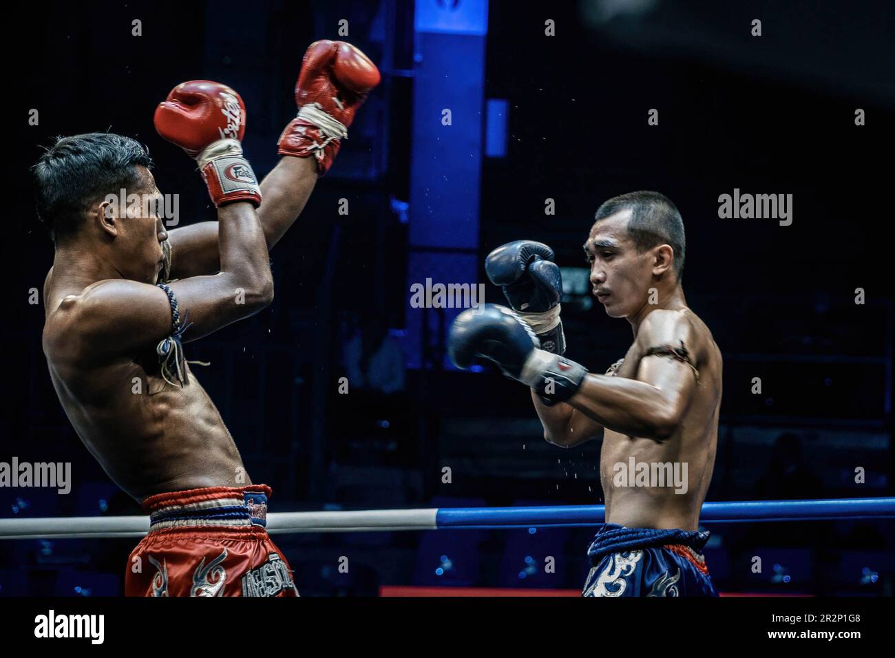 Muay Thai boxers seen during a fight, at Bangkokís Rajadamnern stadium ...