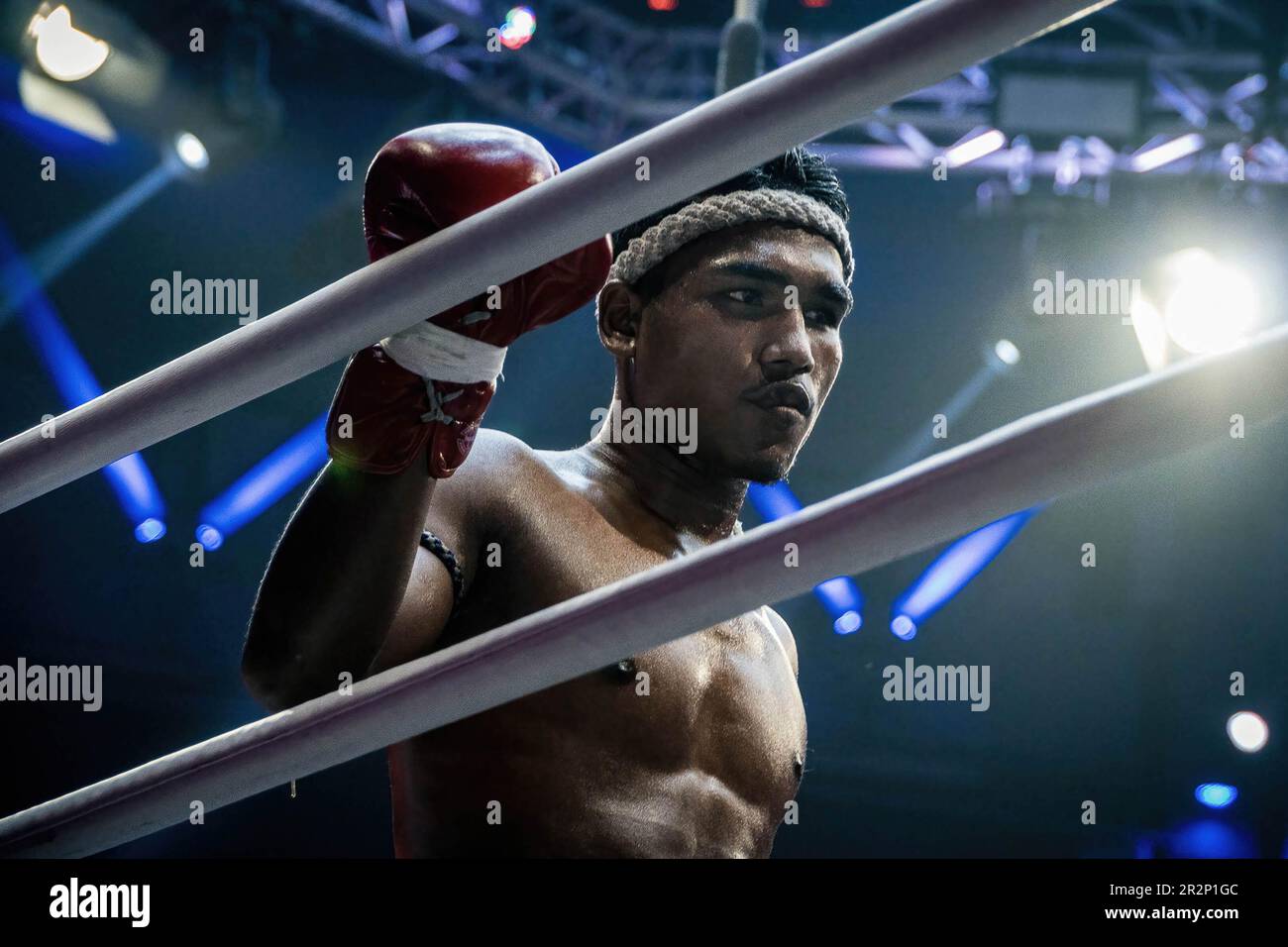 A Muay Thai boxer seen during a match at Bangkokís Rajadamnern stadium ...