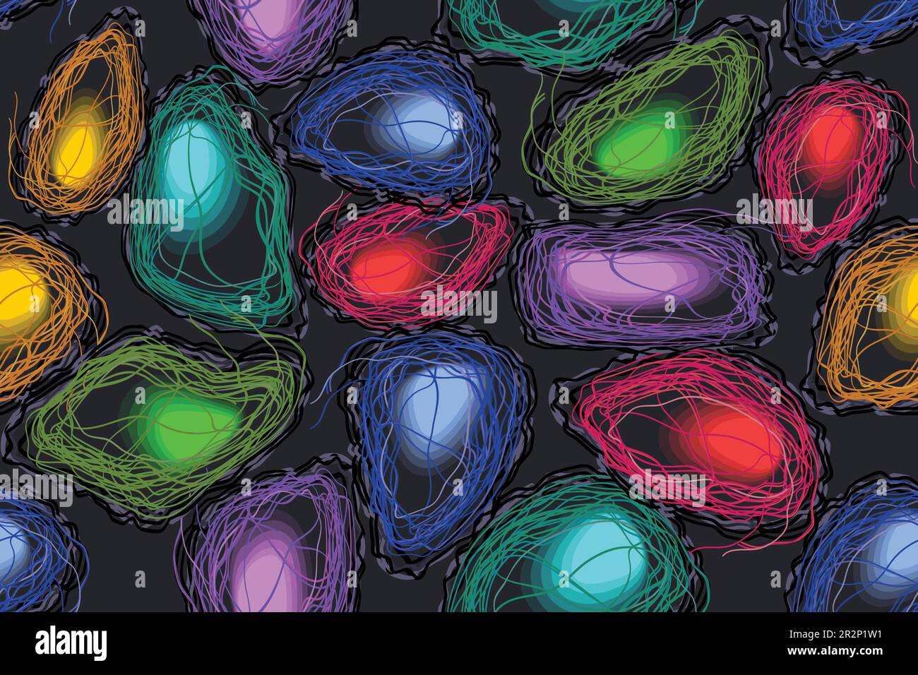 Balls of tangled threads with a glowing core on black background ...