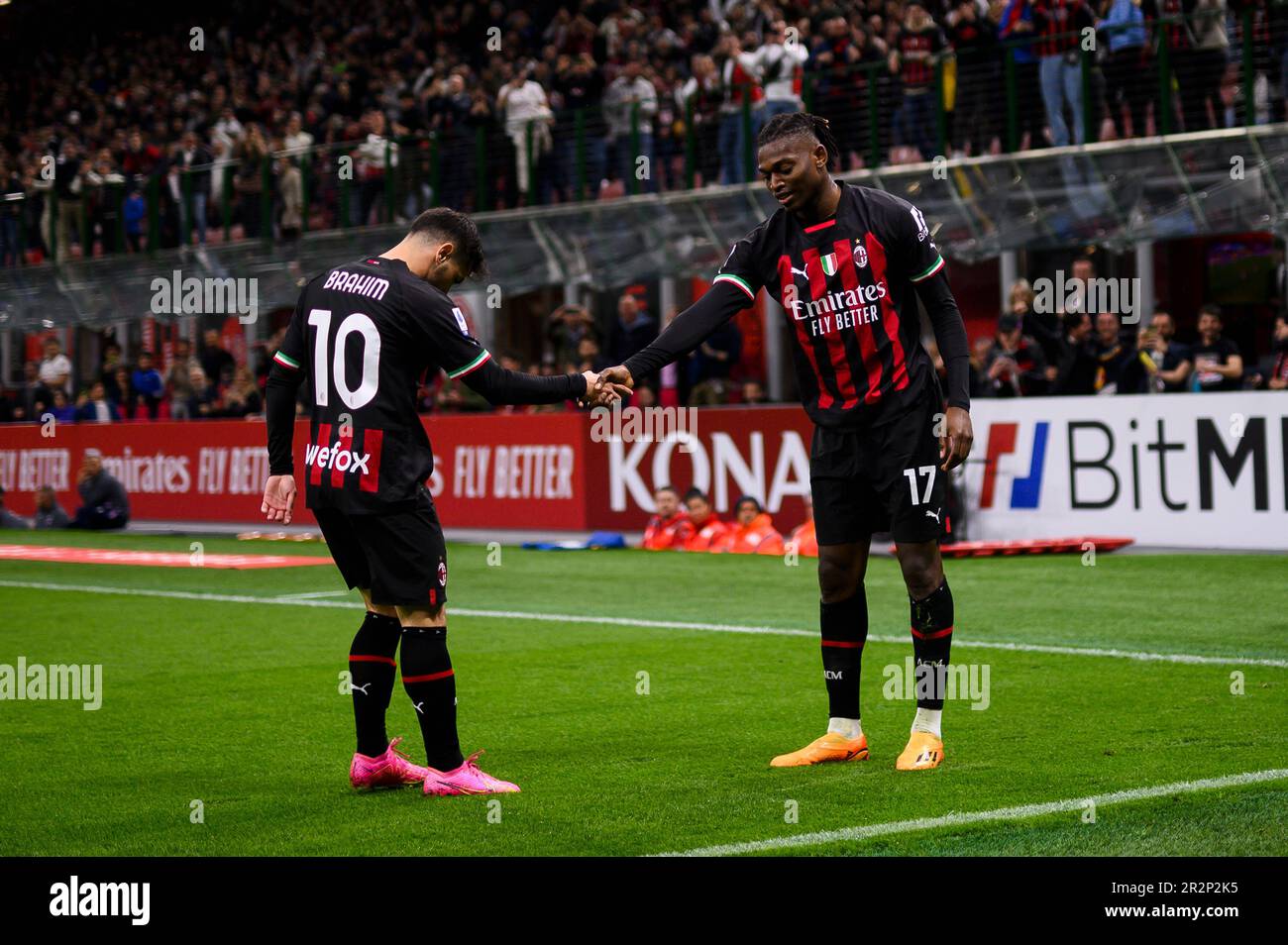 Milan, Italy. 20 May 2023. Rafael Leao of AC Milan celebratees with ...