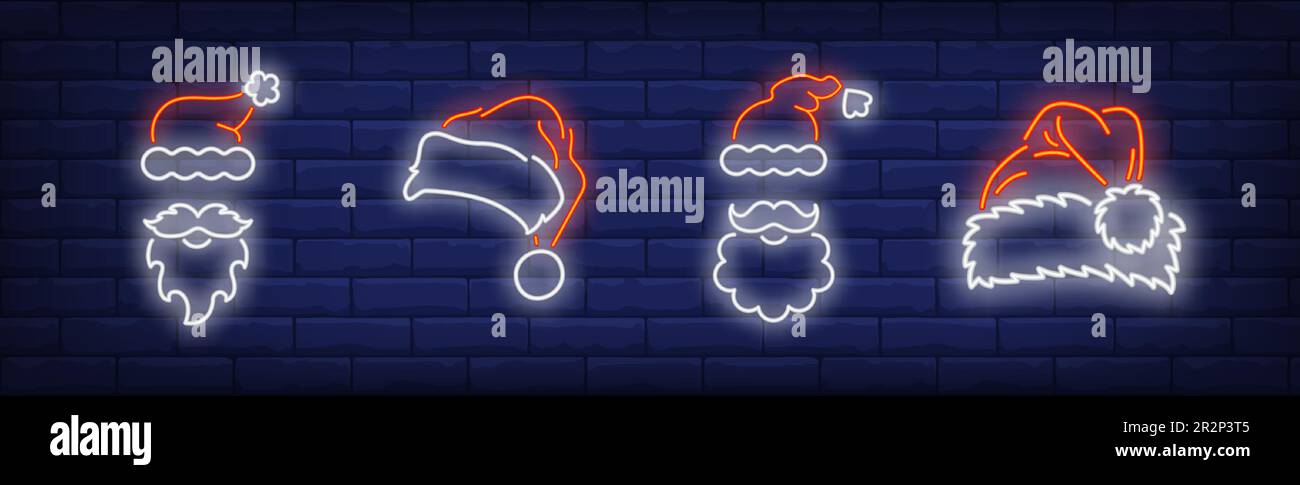 Santa hats, moustaches and beards neon signs set Stock Vector Image ...