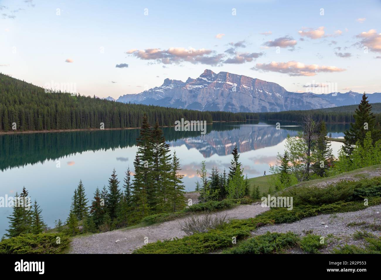 Rundle Mountain Peak Reflected in Two Jack Lake Calm Water. Scenic ...