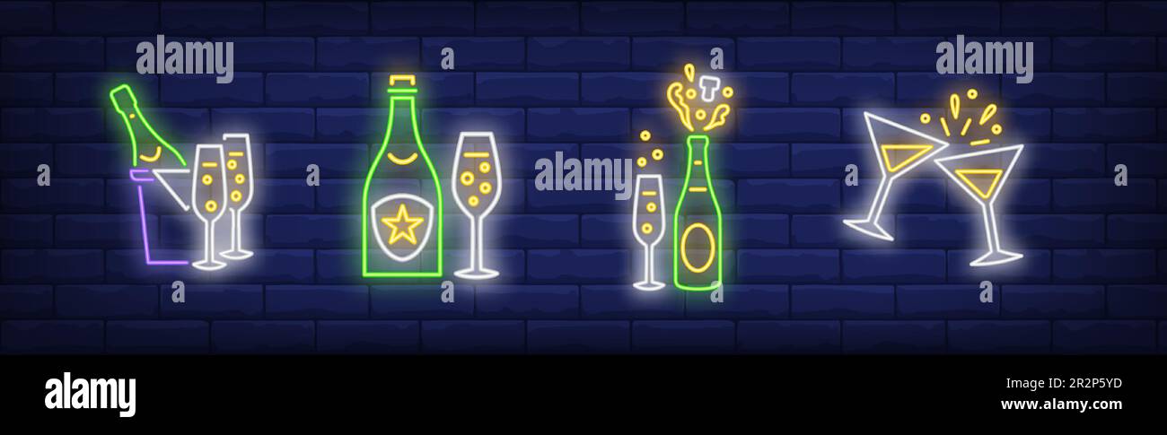 Champagne bottle in bucket, clinking glasses neon signs set Stock ...