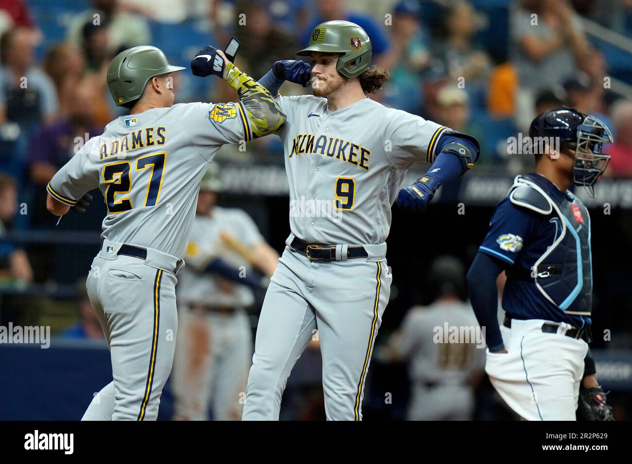 Milwaukee Brewers' Brian Anderson (9) celebrates his two-run home run ...