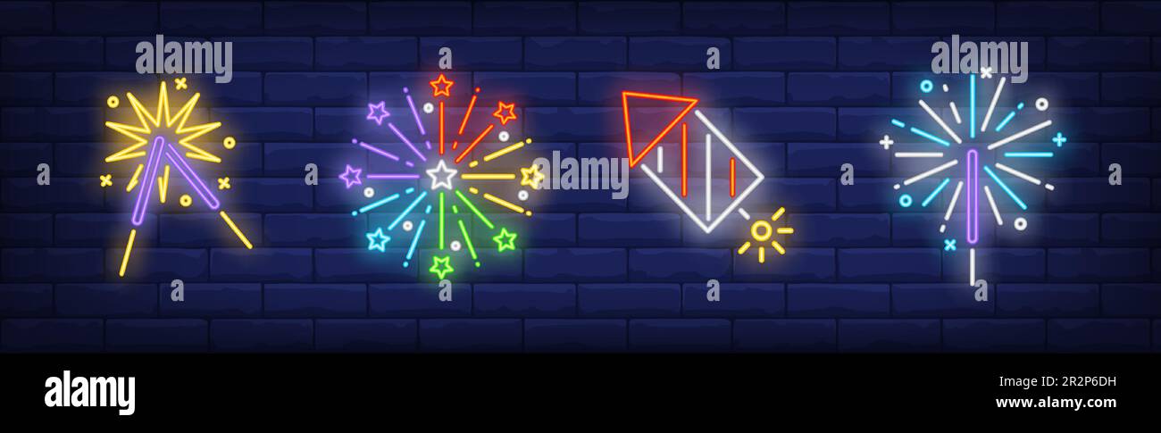 Sparklers and firework rocket neon signs set Stock Vector Image & Art ...