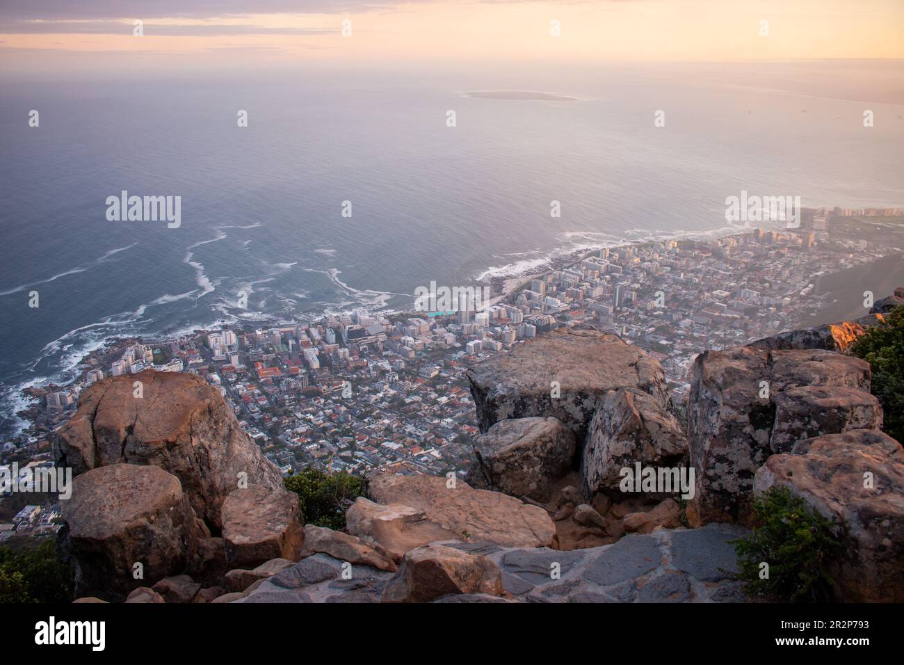 Sunrise above Cape Town, aerial view from the top of Lion's Head, South ...
