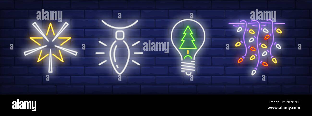 Christmas tree star, lights garland and bulb neon signs set Stock ...