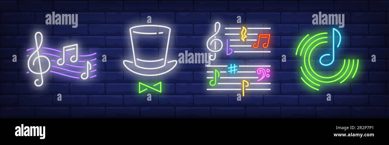 Music notes, stave and treble clefs neon signs set Stock Vector Image ...