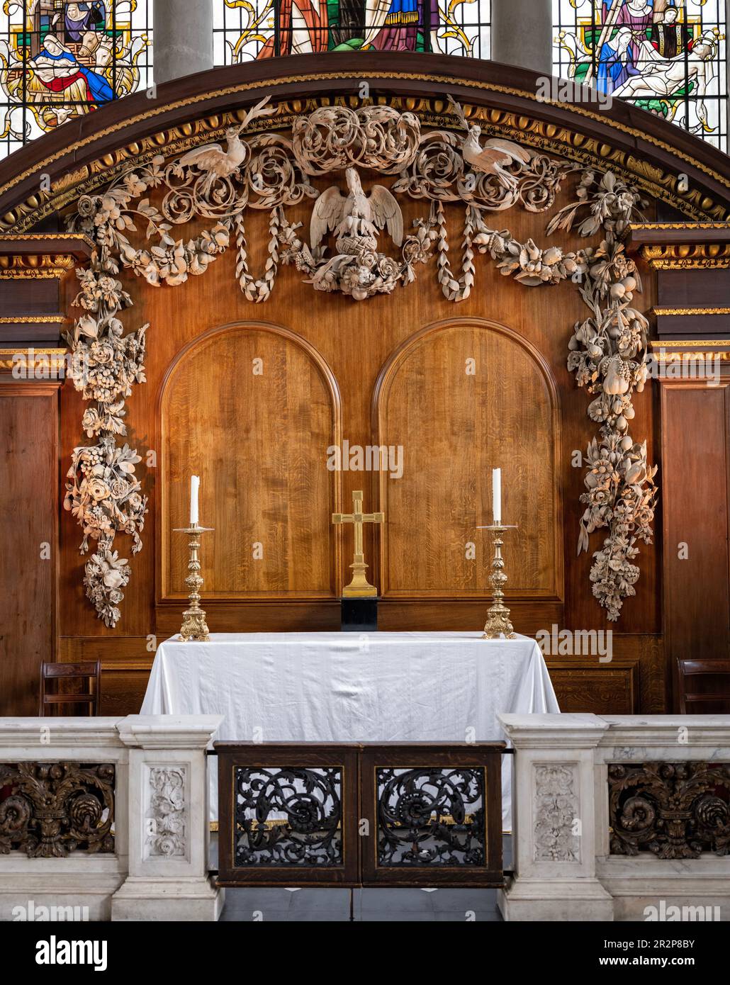 St James Church, Piccadilly; the reredos of lime wood on oak panels ...
