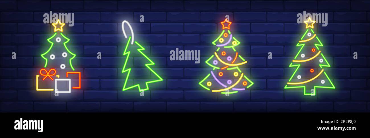 Fir-trees and gift boxes neon signs set Stock Vector Image & Art - Alamy