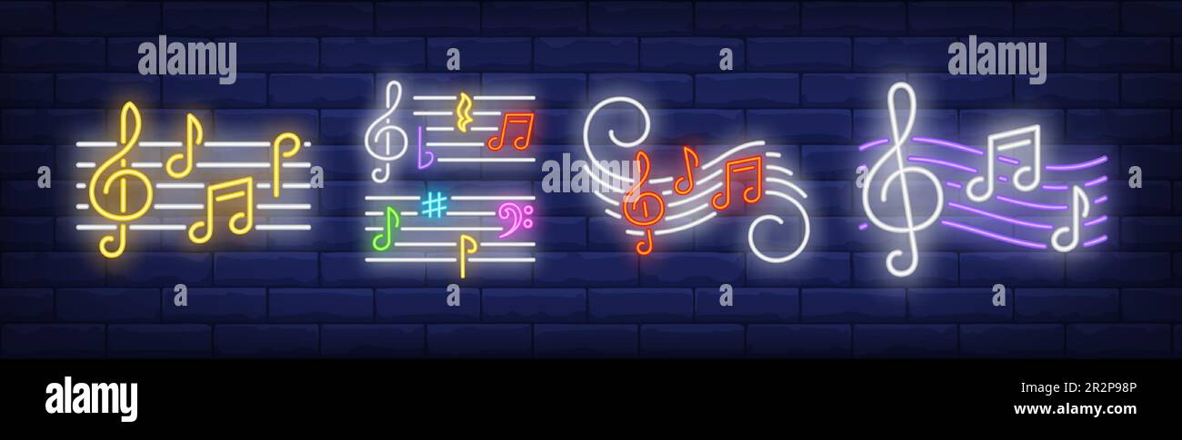 Music notes, treble clefs and stave neon signs set Stock Vector Image ...