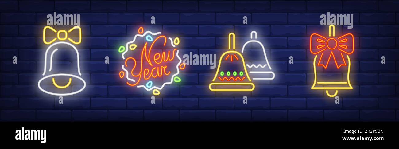 Bells with bows neon signs set Stock Vector Image & Art - Alamy