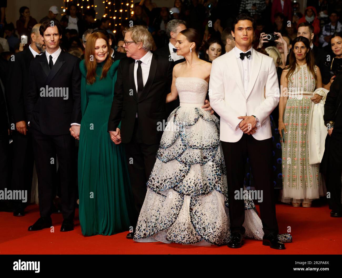 Cory Michael Smith, from left, Julianne Moore, director Todd Haynes, Natalie Portman, and ...