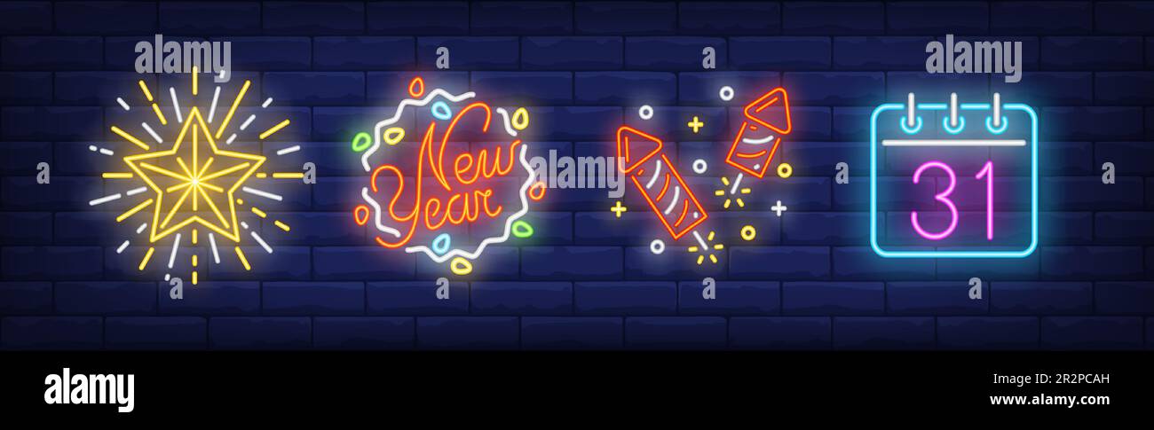 December thirty first on calendar and fireworks neon signs set Stock ...